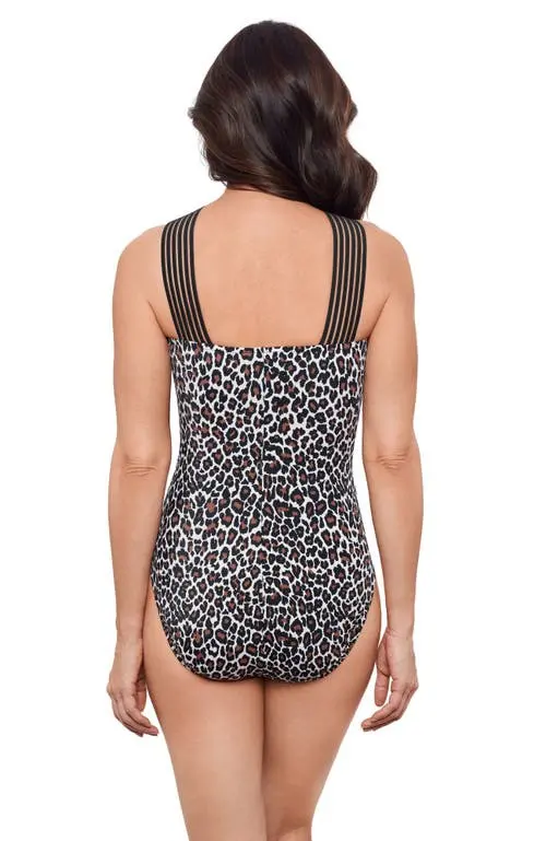 AQUA GREEN High Neck Novelty Trim One-piece Swimsuit - Desert Leopard