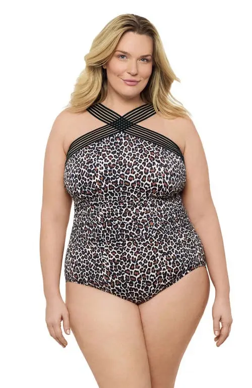 AQUA GREEN High Neck Novelty Trim One-piece Swimsuit - Desert Leopard