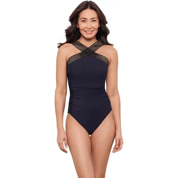 AQUA GREEN High Neck Novelty Trim One-piece Swimsuit - True Navy