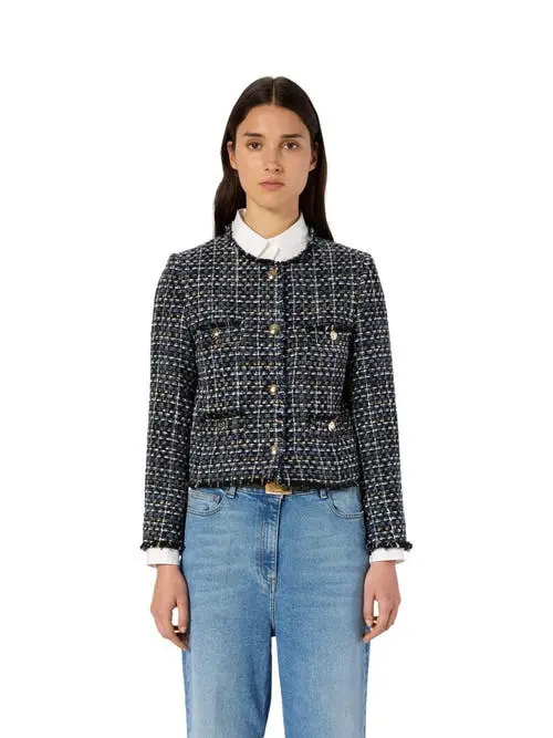 Gerard Darel Naya Cropped Tweed Bouclé Jacket - Indigo