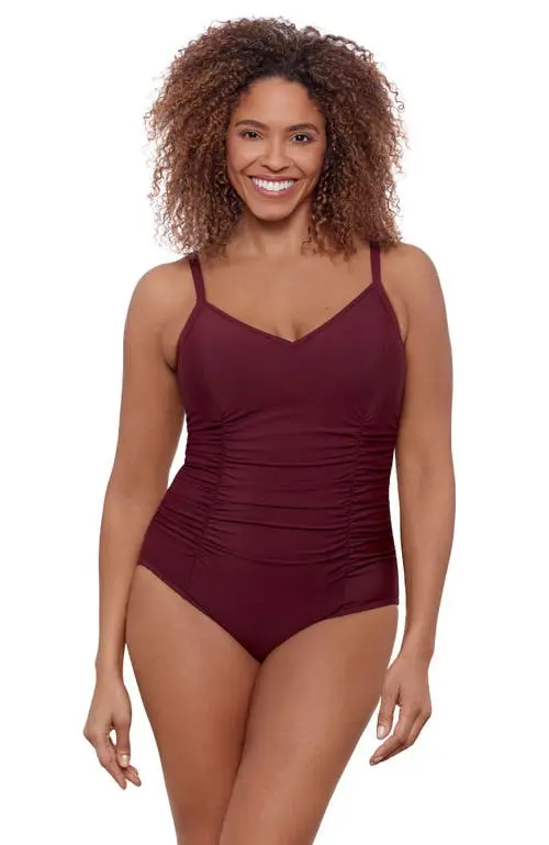AQUA GREEN Princess Seam V-neck Side Shirred Adjustable One-piece Swimsuit - Currant