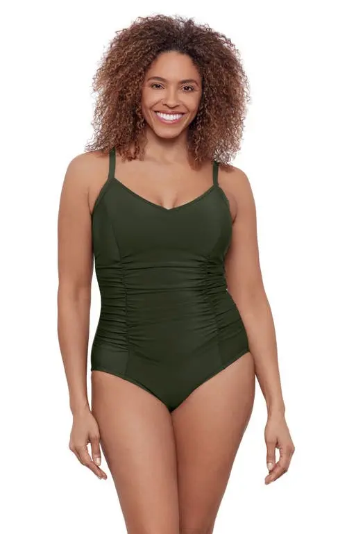 AQUA GREEN Princess Seam V-neck Side Shirred Adjustable One-piece Swimsuit - Malachite
