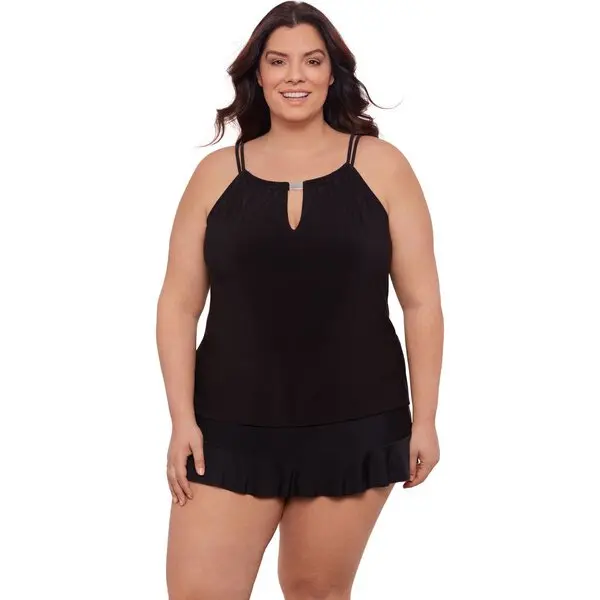 AQUA GREEN Keyhole High Neck Full Coverage Adjustable Tankini Swimsuit Top - Black