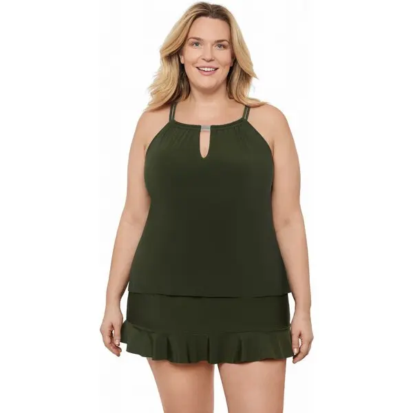 AQUA GREEN Keyhole High Neck Tankini Swimsuit Top - Malachite