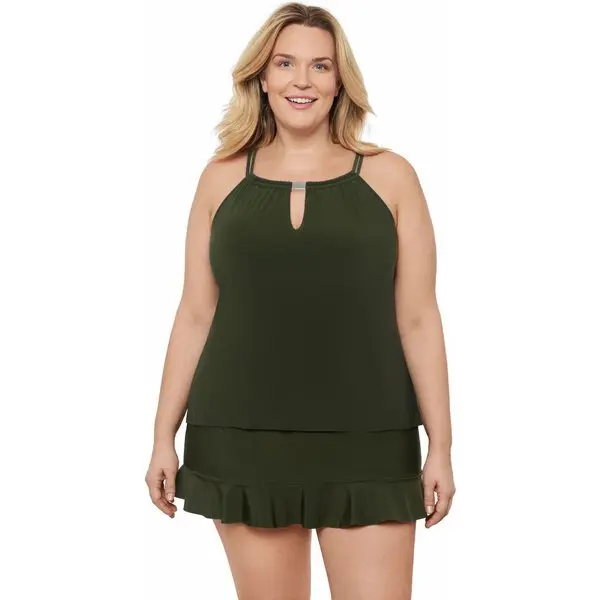 AQUA GREEN Keyhole High Neck Full Coverage Adjustable Tankini Swimsuit Top - Malachite