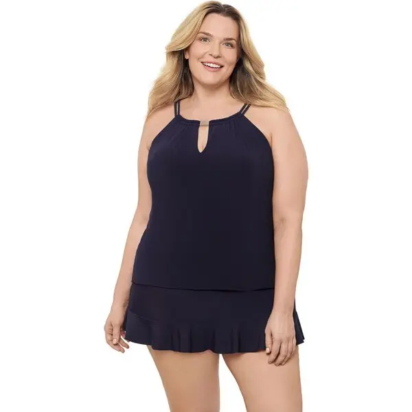 AQUA GREEN Keyhole High Neck Full Coverage Adjustable Tankini Swimsuit Top - True Navy
