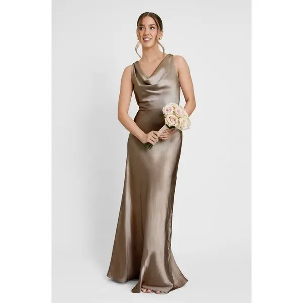 SIX STORIES Cowl Front Satin Maxi Dress