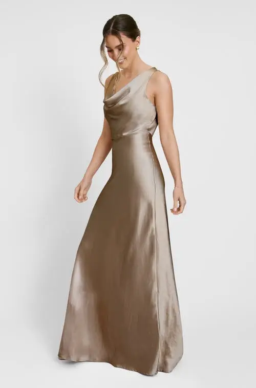 SIX STORIES Cowl Front Satin Maxi Dress