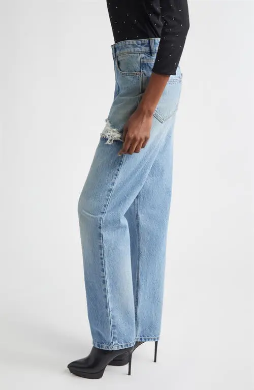 AREA Crystal Slit Frayed Straight Leg Jeans - Medium Blue