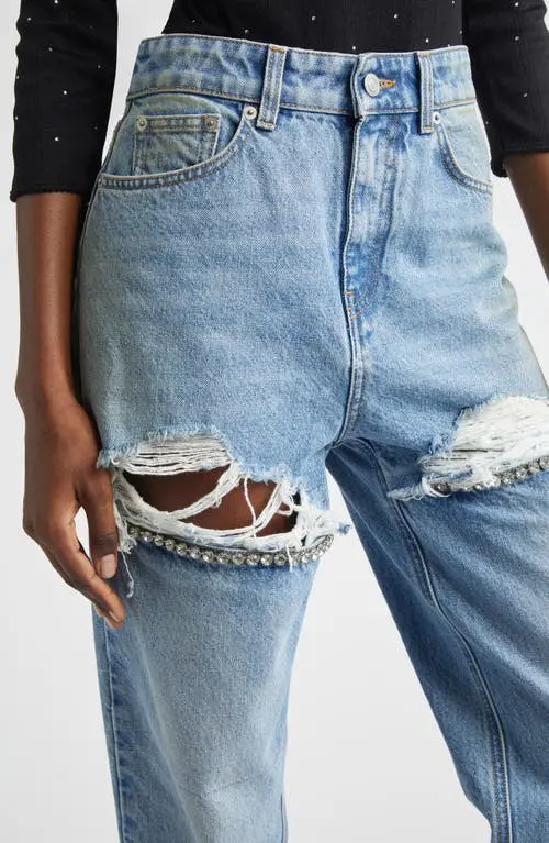AREA Crystal Slit Frayed Straight Leg Jeans - Medium Blue