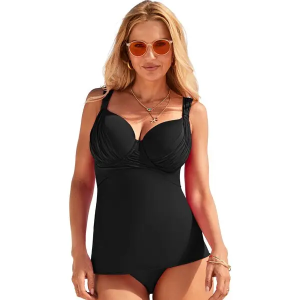 SWIMSUITS FOR ALL Bra Sized Drape Front Tankini Top - Black