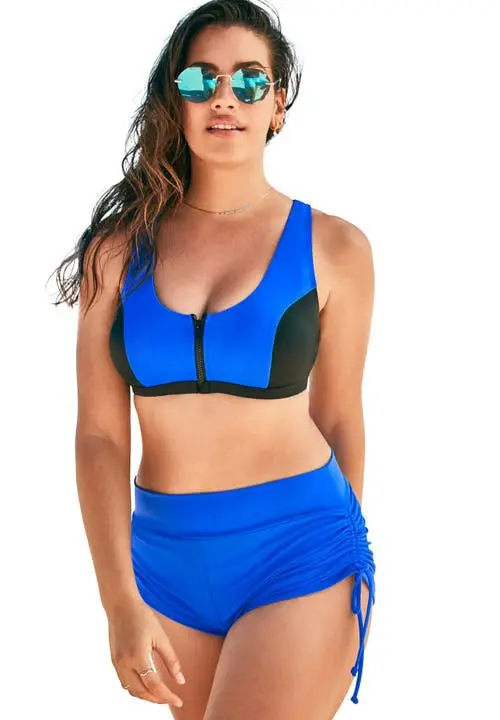 SWIMSUITS FOR ALL Colorblock Zip Front Bikini Top - Royal Black