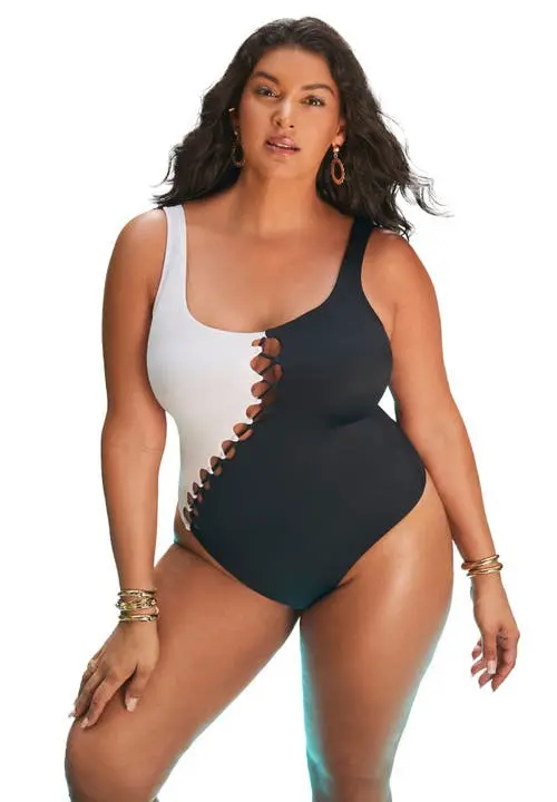 SWIMSUITS FOR ALL Square Neck Color Block One-piece Swimsuit - Black White
