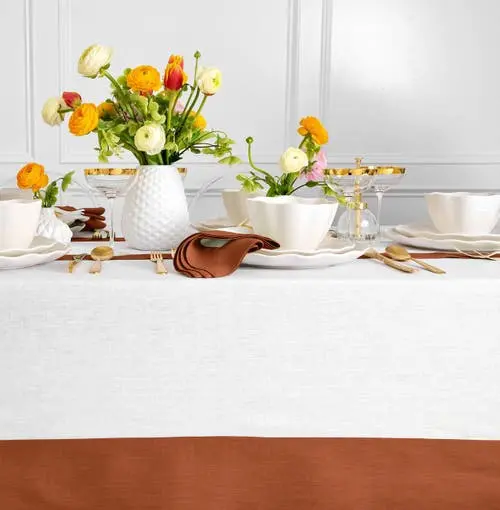 SOLINO HOME Linen Tableclothcontempo - Cinnamon And White