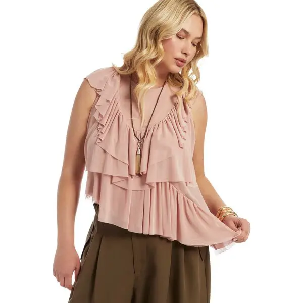 JUNE + VIE Asymmetric Ruffle Mesh Top