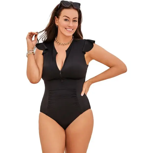 SWIMSUITS FOR ALL High Neck Zipper Cap Sleeve One Piece Swimsuit - Black