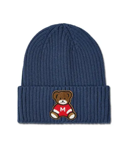 MEMOI Teddy Bear Embroidered Beanie - Blue