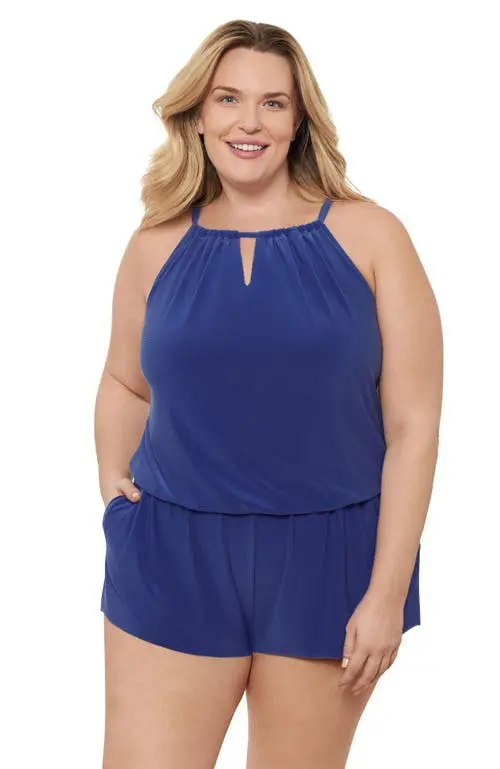 AQUA GREEN Keyhole Blouson Romper - Cerulean