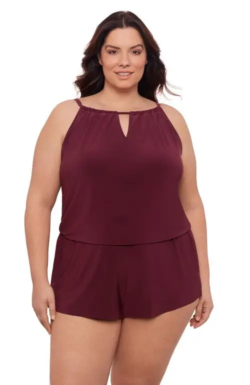 AQUA GREEN Keyhole Blouson Slimming Swimsuit Romper With Pockets - Currant