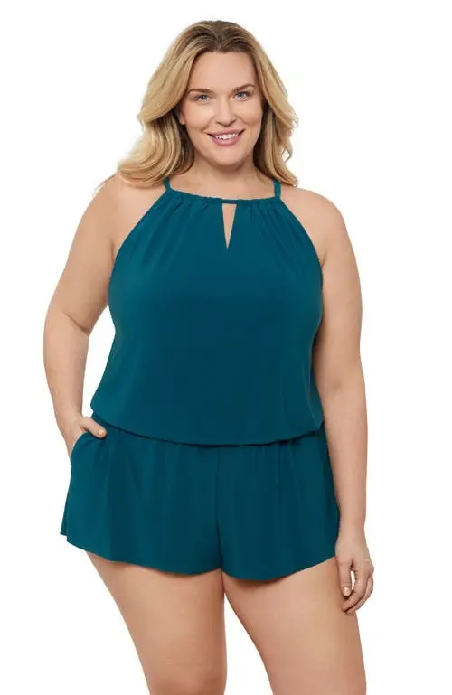 AQUA GREEN Keyhole Blouson Slimming Swimsuit Romper With Pockets - Lagoon