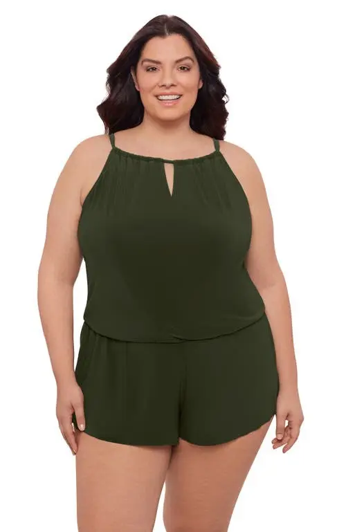 AQUA GREEN Keyhole Blouson Romper - Malachite