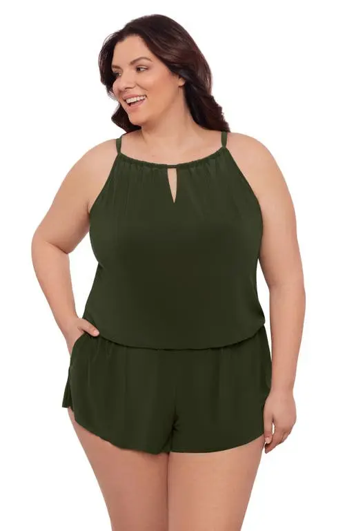 AQUA GREEN Keyhole Blouson Slimming Swimsuit Romper With Pockets - Malachite