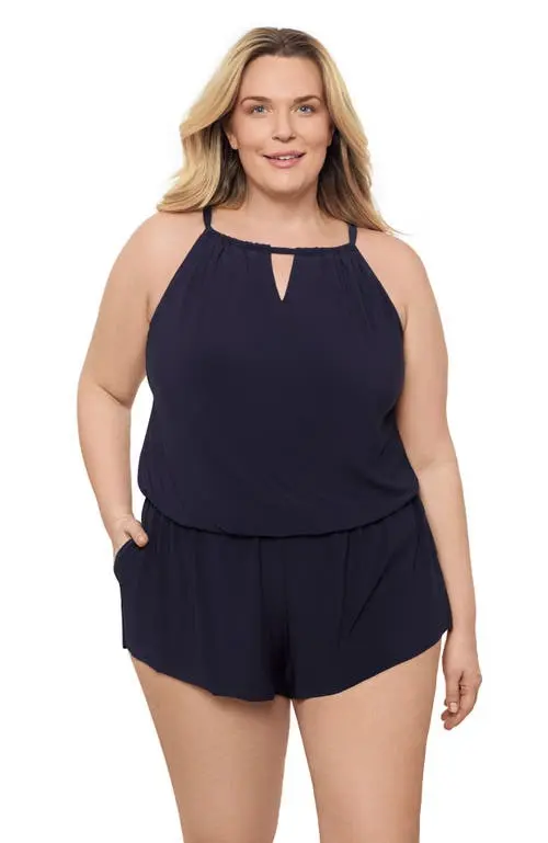 AQUA GREEN Keyhole Blouson Romper - True Navy