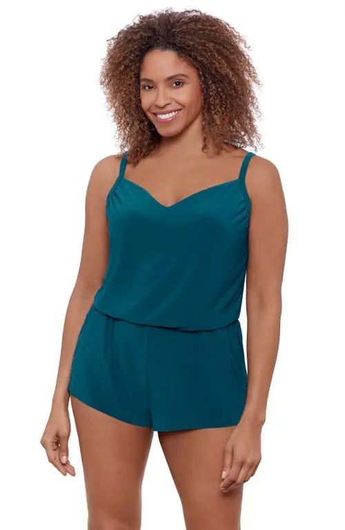 AQUA GREEN V-neck Blouson Swimsuit Romper - Lagoon
