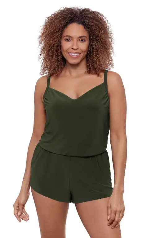 AQUA GREEN V-neck Blouson Swimsuit Romper - Malachite