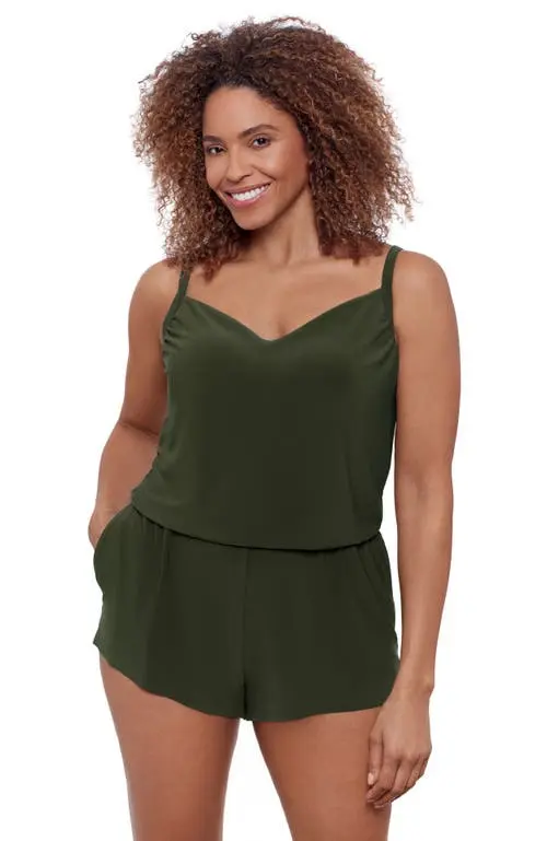 AQUA GREEN V-neck Blouson Swimsuit Romper - Malachite