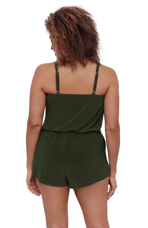 AQUA GREEN V-neck Blouson Swimsuit Romper - Malachite
