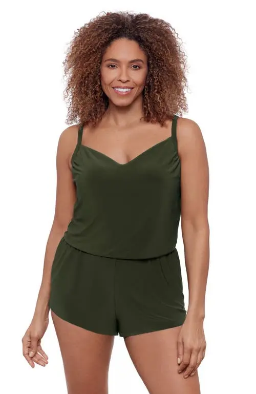 AQUA GREEN V-neck Blouson Swimsuit Romper - Malachite