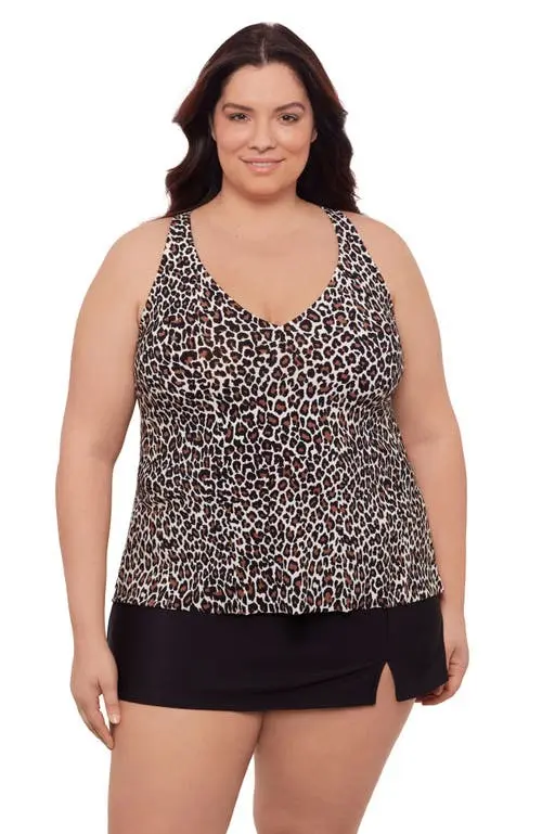 AQUA GREEN V-neck Full Coverage Ladder Trim Racerback Tankini Swimsuit Top - Desert Leopard