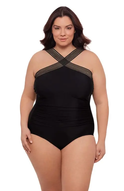 AQUA GREEN Novelty Trim High Criss Cross Neck Full Coverage One-piece Swimsuit - Black