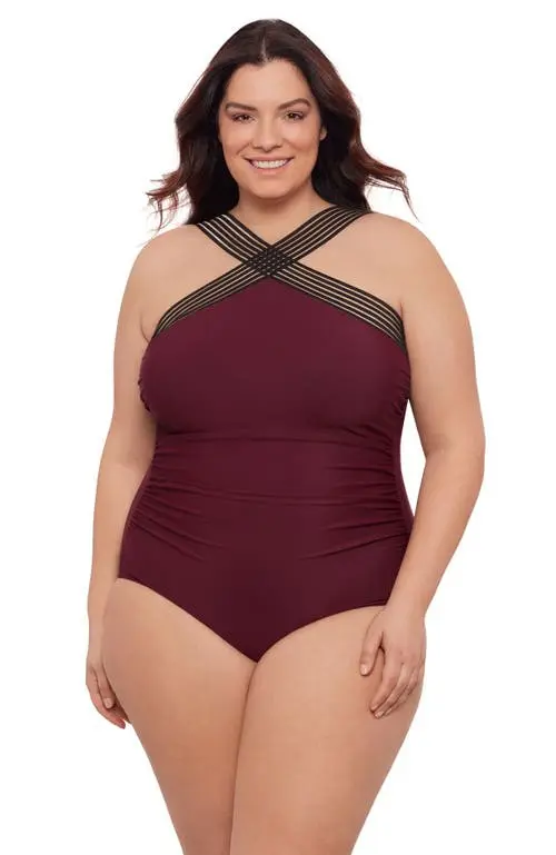 AQUA GREEN Novelty Trim High Neck One-piece Swimsuit Full Coverage - Currant