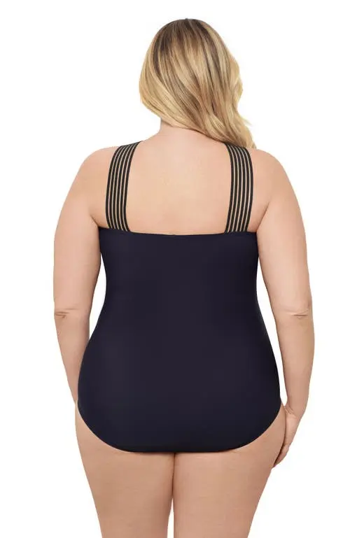 AQUA GREEN Novelty Trim High Neck One-piece Swimsuit Full Coverage - True Navy
