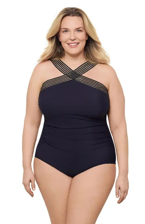 AQUA GREEN Novelty Trim High Neck One-piece Swimsuit Full Coverage - True Navy