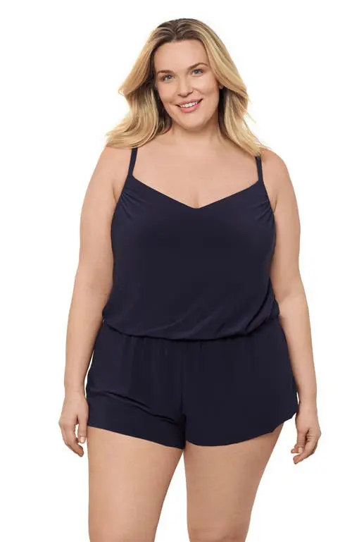 AQUA GREEN V-neck Blouson Romper - True Navy