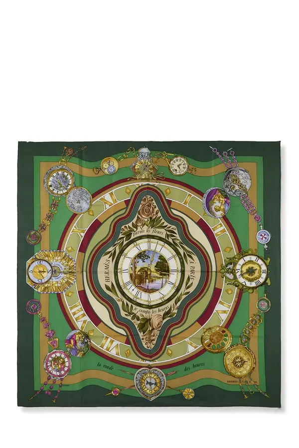 Hermès Multicolor 'parmi Les Fleurs Je Compte Les Heures' Silk Scarf 90 - Green