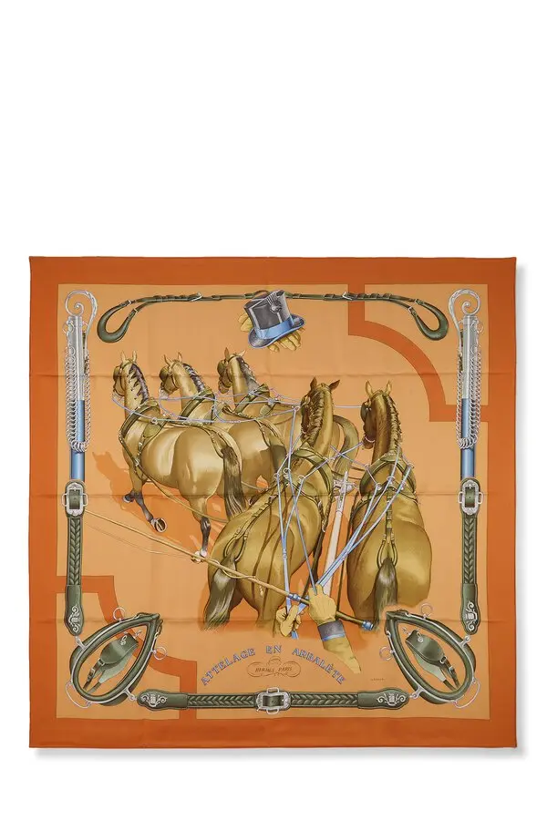 Hermès Multicolor 'attelage En Arbalete' Silk Scarf 90 - Orange