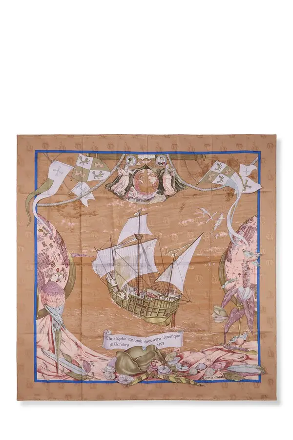 Hermès Multicolor 'christophe Colomb Découvre L'amerique' Silk Scarf 90 - Pink