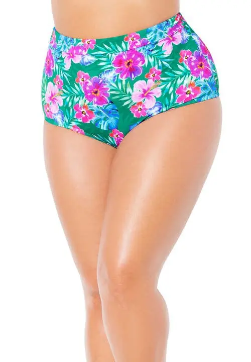 SWIMSUITS FOR ALL High Waist Hot Pant Brief - Emerald Hibiscus