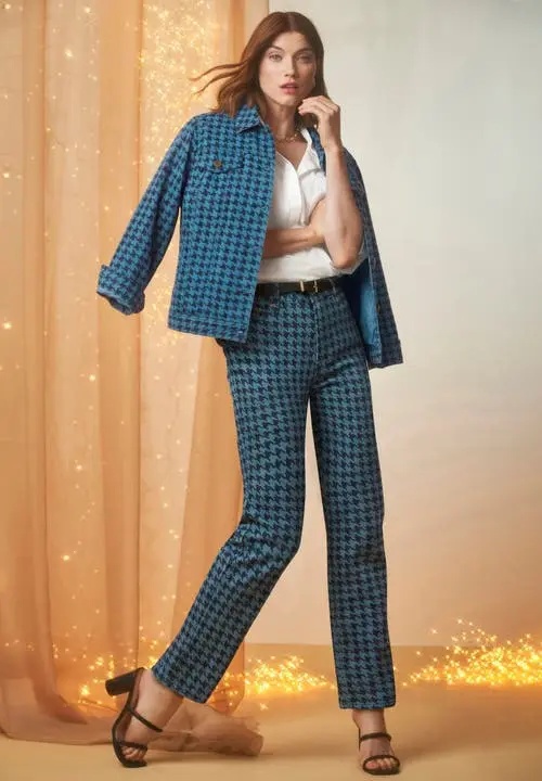 JESSICA LONDON Classic Cotton Denim Jacket - Denim Houndstooth