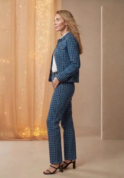 JESSICA LONDON Classic Cotton Denim Jacket - Denim Houndstooth