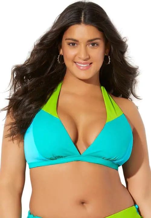 SWIMSUITS FOR ALL Colorblock Halter Triangle Bikini Top - Neon Mint Oasis