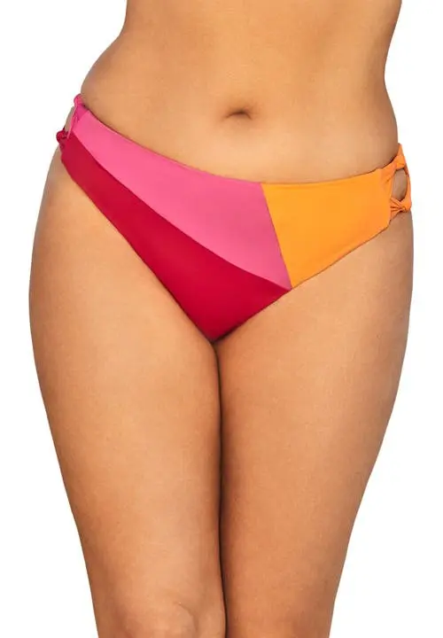 SWIMSUITS FOR ALL Color Block Bikini Bottom With Side Knot Tie Detail - Pink Orange