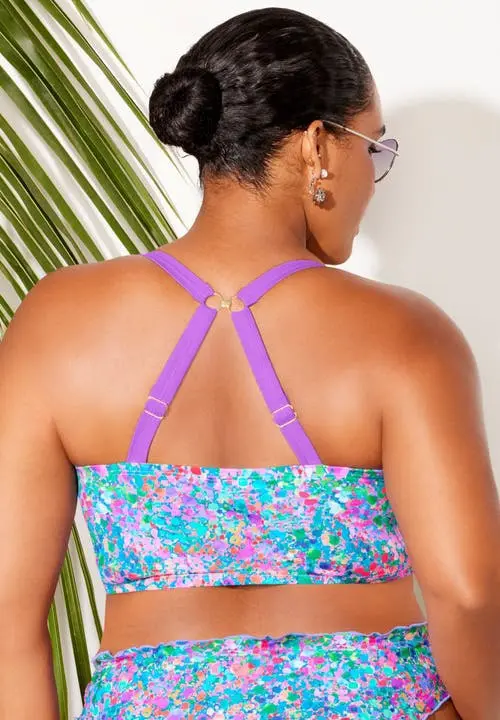 SWIMSUITS FOR ALL Longline Bra-sized Lettuce Trim Bikini Top - Multi Tiny Abstract