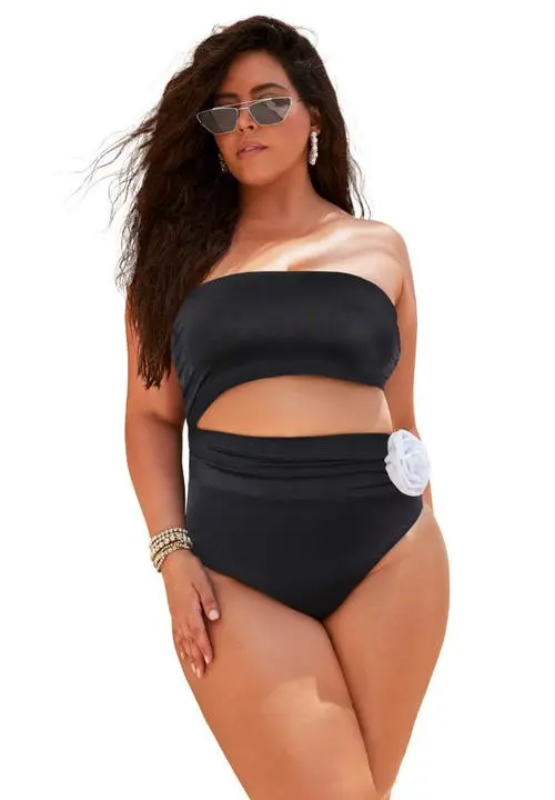 SWIMSUITS FOR ALL Rosette Shimmer Cut-out Bandeau One-piece Swimsuit - Black Shimmer