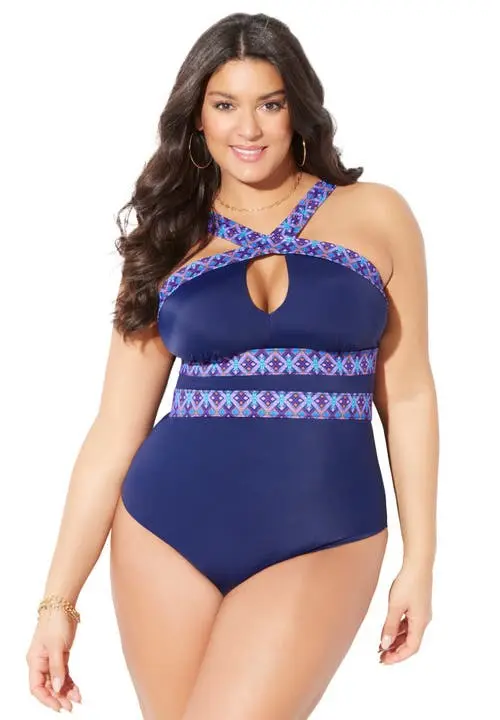 SWIMSUITS FOR ALL High Neck Keyhole One-piece Swimsuit - Navy Tribal Stripe