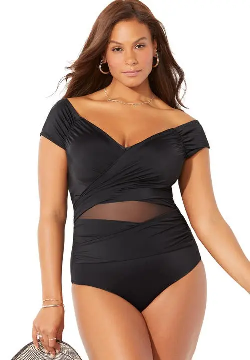SWIMSUITS FOR ALL Cap Sleeve Cut Out One Piece Swimsuit - Black